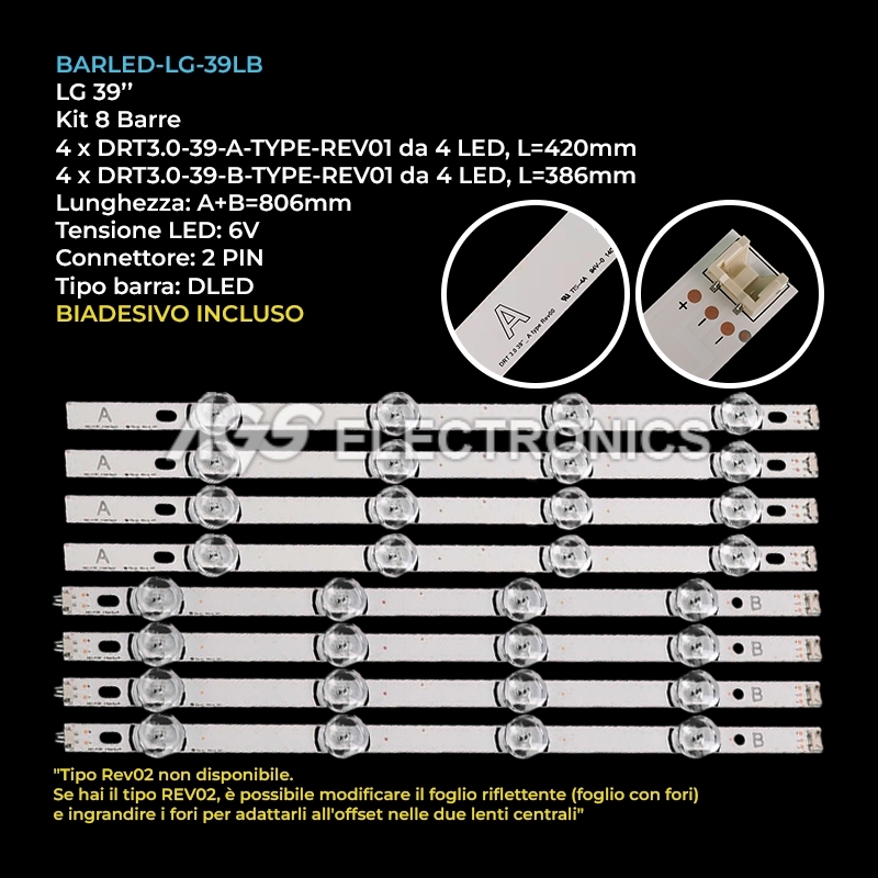 KIT 8 BARRE STRIP LED TV LG AGF78400501 AGF78400601 39LB580V 39LB570V ...